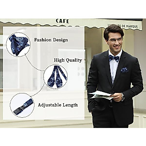 HISDERN Bow Ties for Men Navy Blue Floral Self Tie Bow Tie and Pocket Square Classic Bowties Formal Business Tuxedo Wedding Bowties Handkerchief Set