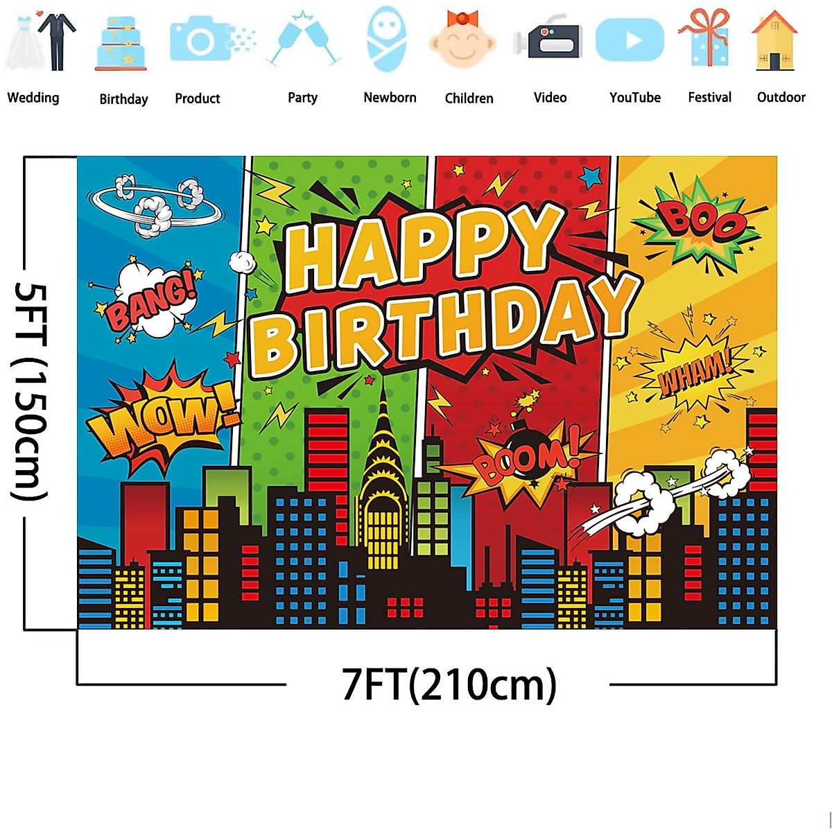 7x5ft Superhero Theme Backdrop for Children Boys Super Heros Comic Skyline Happy Birthday Party Supplies Decoration Baby Shower Backdrop Hero City Banner Decor Photography Backdrop