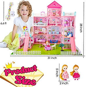 UNIH Doll House Girls Toys,4-Story 11 Rooms Playhouse with 2 Dolls Toy Figures with Light,Accessories, Furniture Pretend Play Toys for 3 4 5 6 7 Year Old Girls
