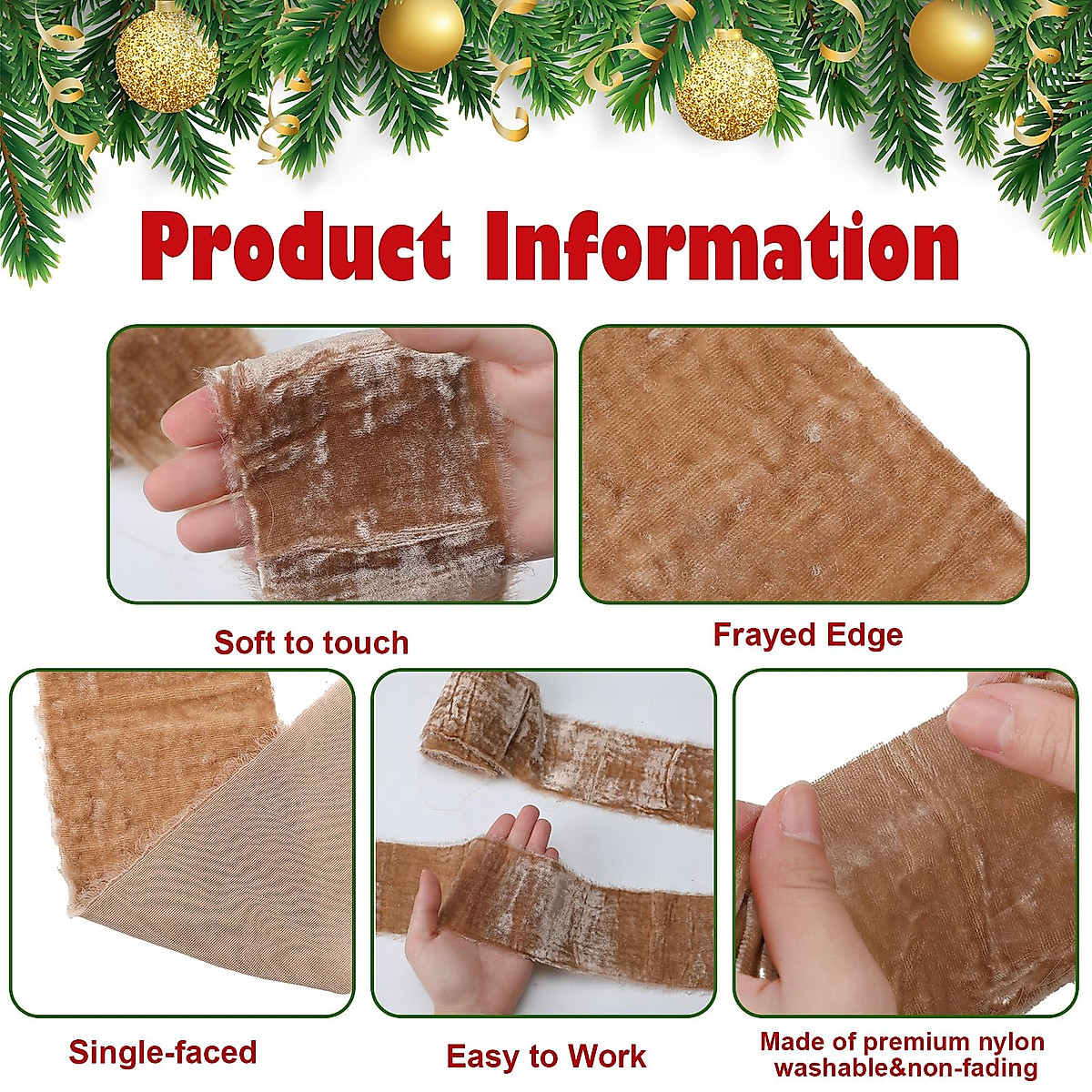 Jutom 3 Rolls Velvet Ribbon for Gift Wrapping Fringe Ribbons Raw Edge Silk Velvet Ribbon Christmas Vintage Velvet Ribbon for Xmas Wreath Bow Making Wedding DIY Crafts, 3 Inch x 3 Yard (Camel)