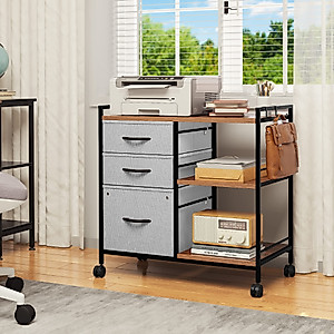 YITAHOME 3 Drawer Lateral File Cabinet, Mobile Printer Stand with Open Storage Shelf and Hook, Rolling Fabric Filing Cabinet for Home Office, Fits A4/Letter Size, Light Grey