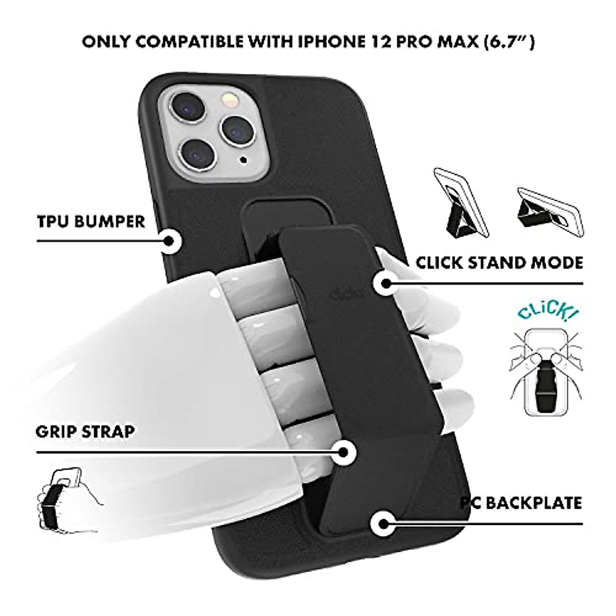 CLCKR Compatible with iPhone 12 Pro Max Case with Kickstand, Phone Grip and Expanding Stand, Cell Phone Cover with Grip Holder, Saffiano Black