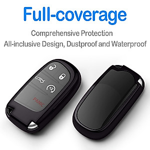 Compatible with Jeep Key Fob Cover with Leather Keychain Soft TPU Protection Key Case for Grand Cherokee Renegade Chrysler 200 300 Dodge RAM Durango Challenger Journey Dart Fiat Smart Key,Black
