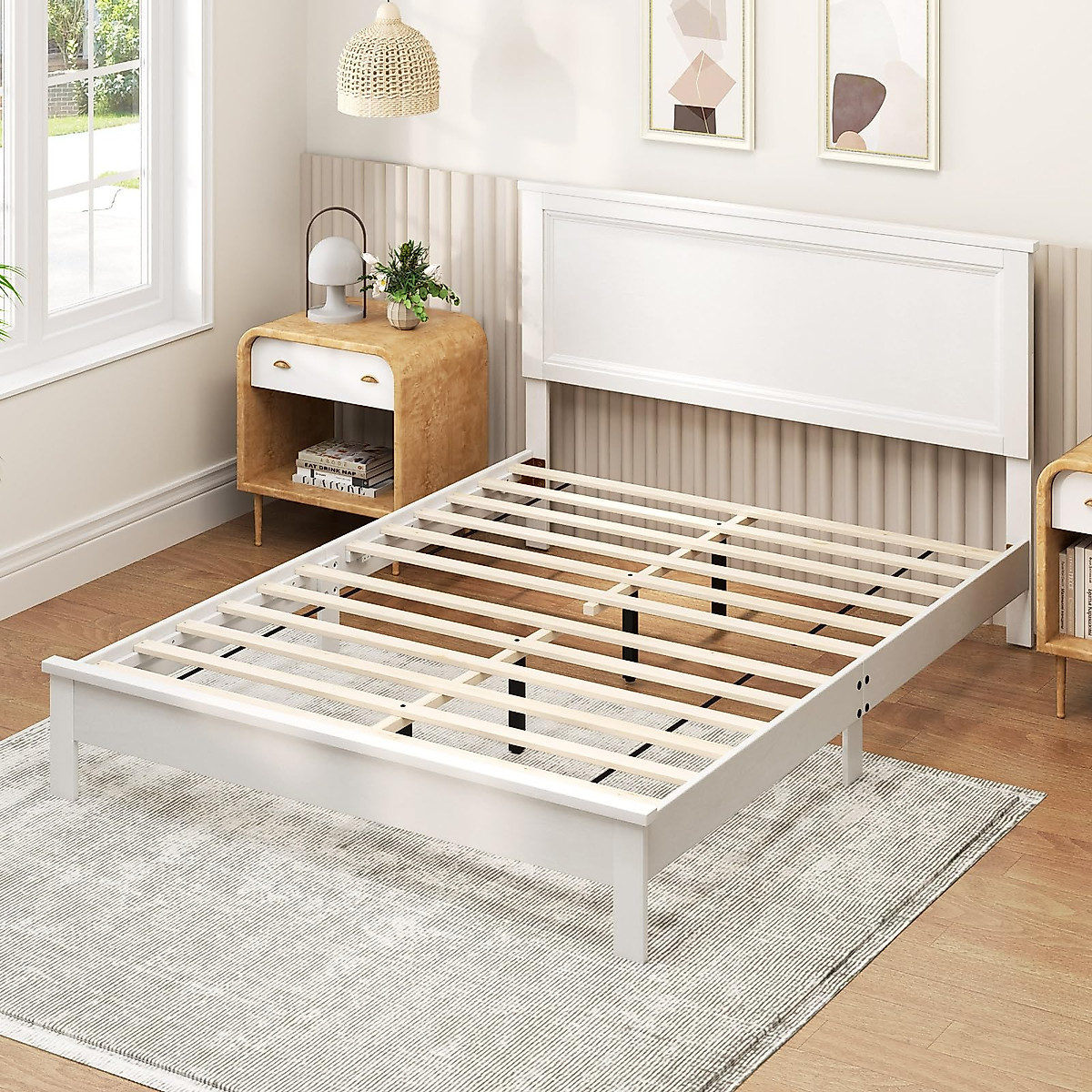 KOMFOTT Full Size Wood Platform Bed Frame with Headboard, Wooden Mid Century Platform Bed with Slat Support & Under Bed Storage, Mattress Foundation Bed Base, No Box Spring Needed, White