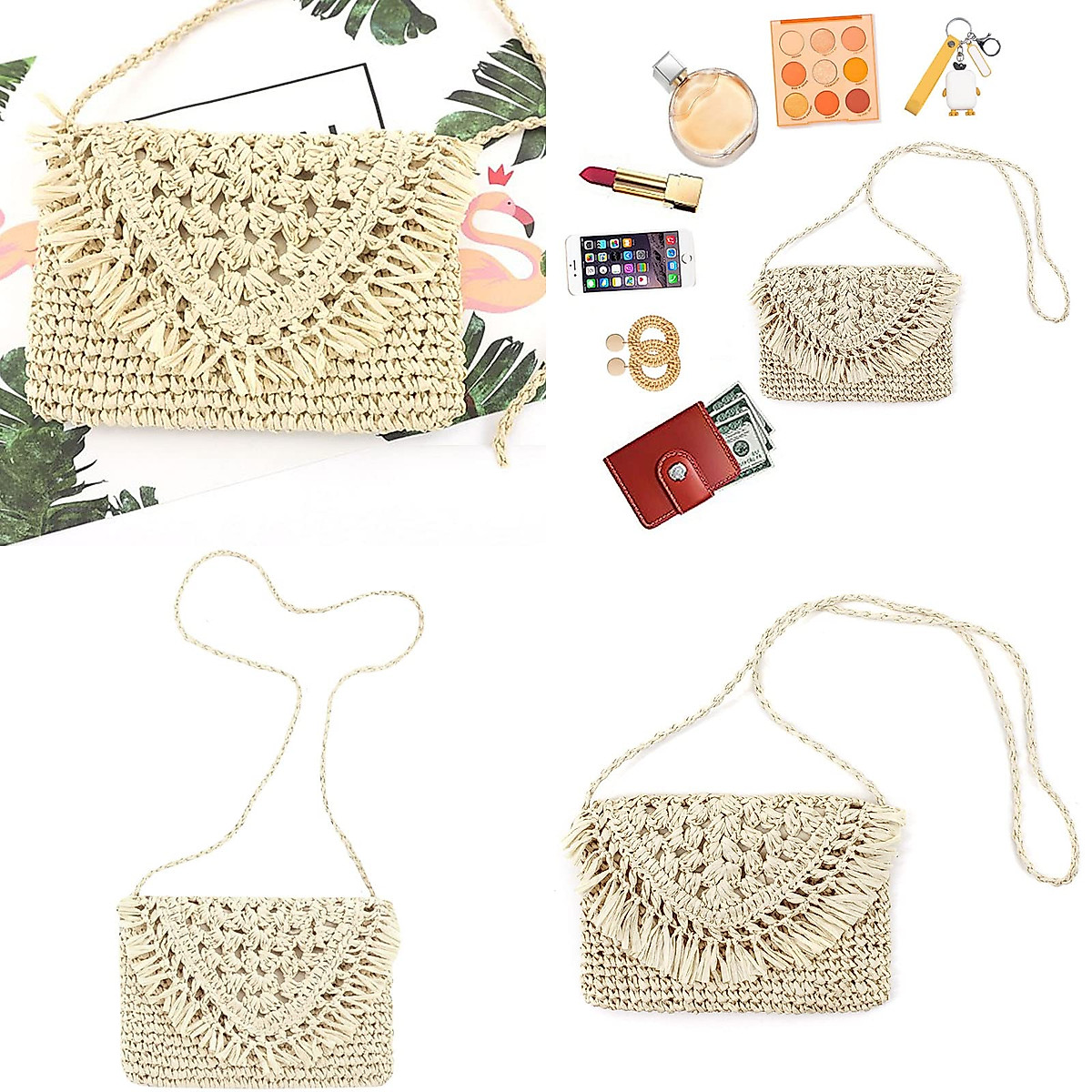 Meyaus Women Small Fringed Straw Woven Cross-body Bag Shoulder Bag Bohemian Beach Envelope Flap Handbag Purse