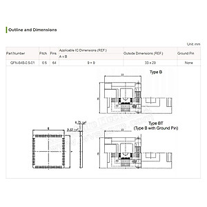 QFN64 Clamshell Programming Adapter Socket/Burning Socket/IC Test Socket QFN-64B-0.5-01, 64-Pin, 0.5mm Pitch, IC Test Burn-in Socket, Applied to QFN64, MLP64, MLF64 Packages.