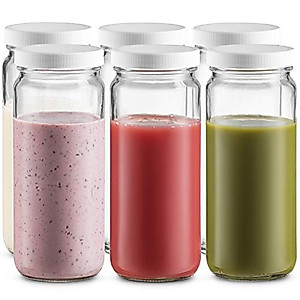Travel Glass Drinking Bottle Mason Jar 16 Ounce [6-Pack] Plastic Airtight Lids, Reusable Glass Water Bottle for Juicing, Smoothies, Kombucha, Tea, Milk Bottles, Homemade Beverages Bottle,