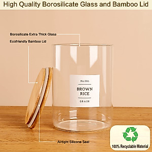 HHMJSM Large Glass Storage Jars With Airtight Bamboo Lid - 100 Fl Oz Thicken Kitchen Glass Food Storage Canister With 42 Pantry Labels - Big Clear Flour And Sugar Containers Farmhouse