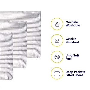 Full Size Bed Sheets - 6 Piece 1500 Supreme Collection Fine Brushed Microfiber Deep Pocket Full Sheet Set Bedding - 2 Extra Pillow Cases, Great Value, Full, Pinstripe White