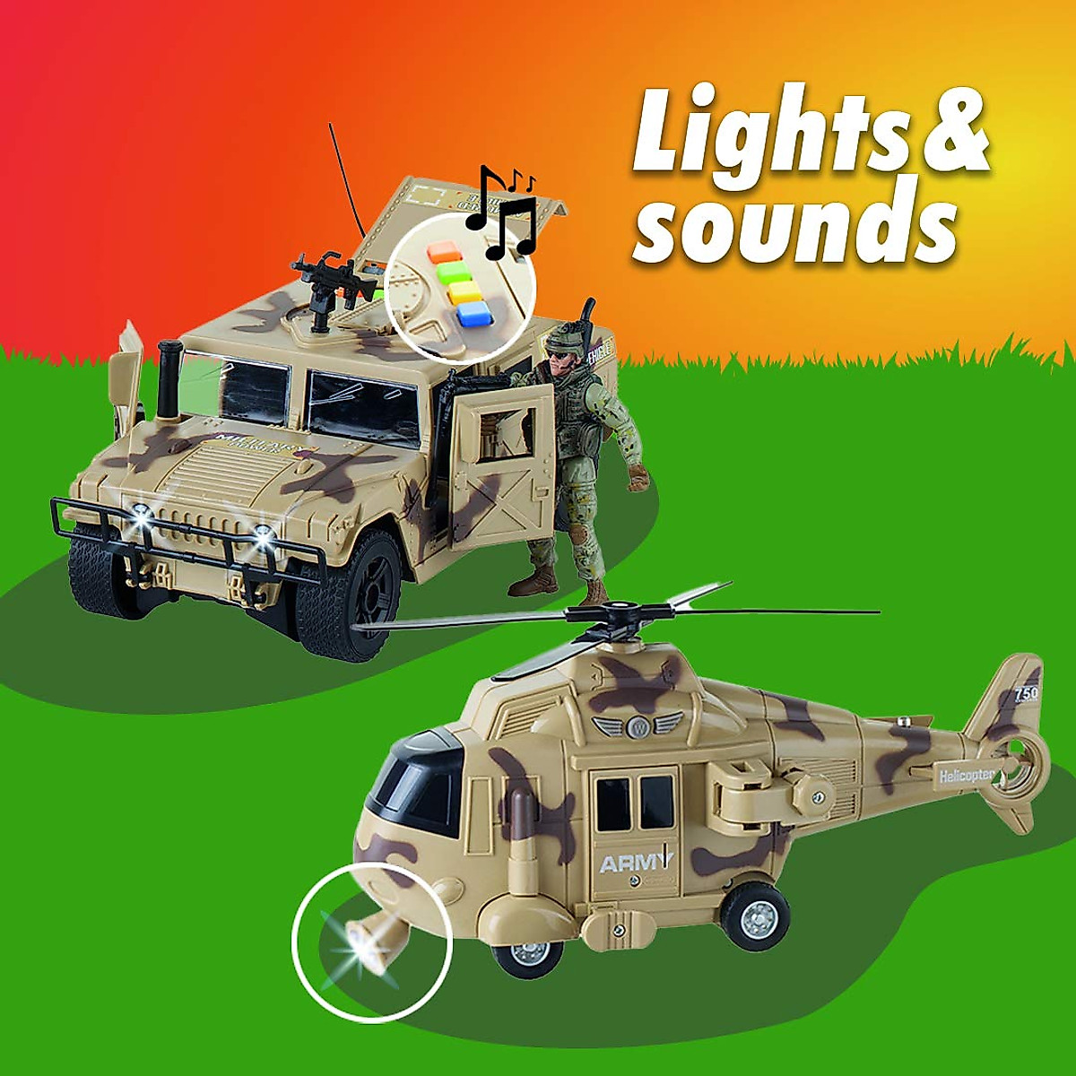Dazmers Military Army Toys, Action Soldier Figures and Vehicles Set - Army Helicopter Toy, Truck, Quadbike - Lights and Sounds - Friction Powered Army Trucks