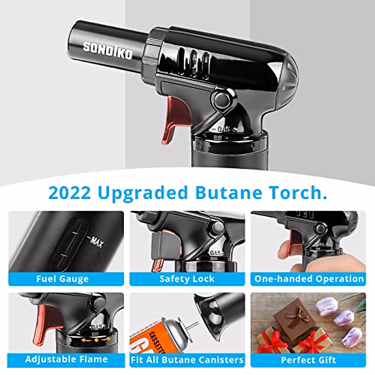 Sondiko Butane Torch with Fuel Gauge S907, Refillable Kitchen Torch Lighter with Adjustable Flame for Creme Brulee(Butane Gas Not Included)
