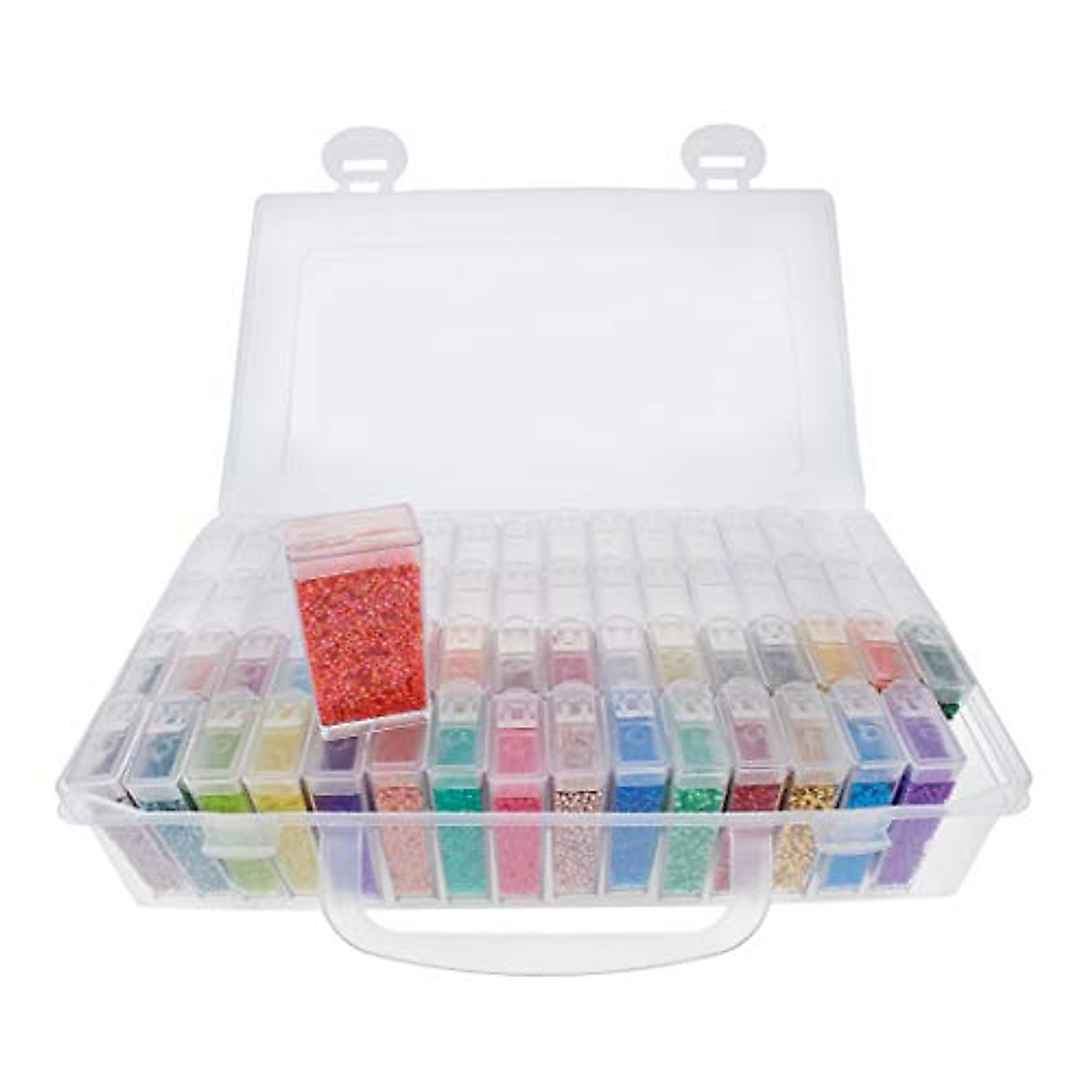 The Beadsmith Personality Case - Clear Storage Carrying Case 8.5 x 5 inches - and 64 flip top Boxes 1 x 2 inches Each, Includes Labels, for organizing and Storage