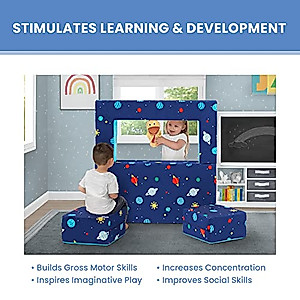 Delta Children Convertible Sofa & Play Set for Kids and Toddlers – Modular Foam Couch and Flip Out Lounger with 2 Ottomans, Space