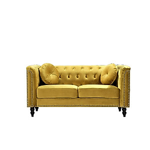 US Pride Furniture Modern Style Soft Elegant High Density Foam 64.17'' Wide Golden Yellow Velvet Rolled Arm Chesterfield Living Room Loveseat with Removable Cushion & Solid Wood Legs (S5608-5613)