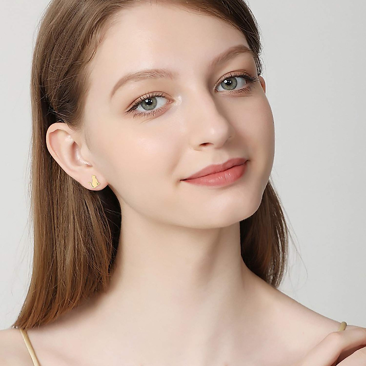 Solid 14k Gold Cat Earrings, Real 14 Carat Gold Stud Earrings for Women Teens, Animal Jewelry Gifts for Her