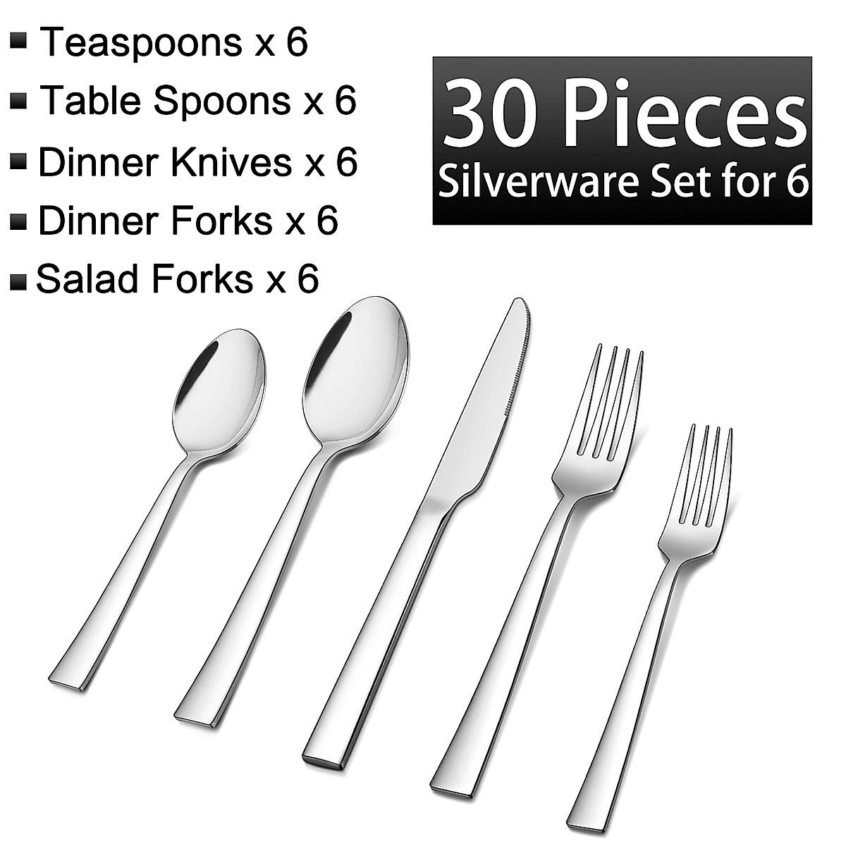Homikit 35-Piece Silverware Flatware Set with Serving Utensils, Stainless Steel Square Cutlery Set for 6, Eating Utensils Tableware Include Knife Spoon Fork, Dishwasher Safe, Shiny Mirror Polished