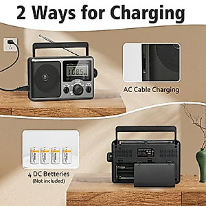Portable AM FM Shortwave Radio,Battery Operated Radio by 4D Cell Batteries or AC Power Transistor Radio with LCD Display,Time Setting,3.5mm Earphone Jack,Big Speaker,High/Low Tone for Home,Gift