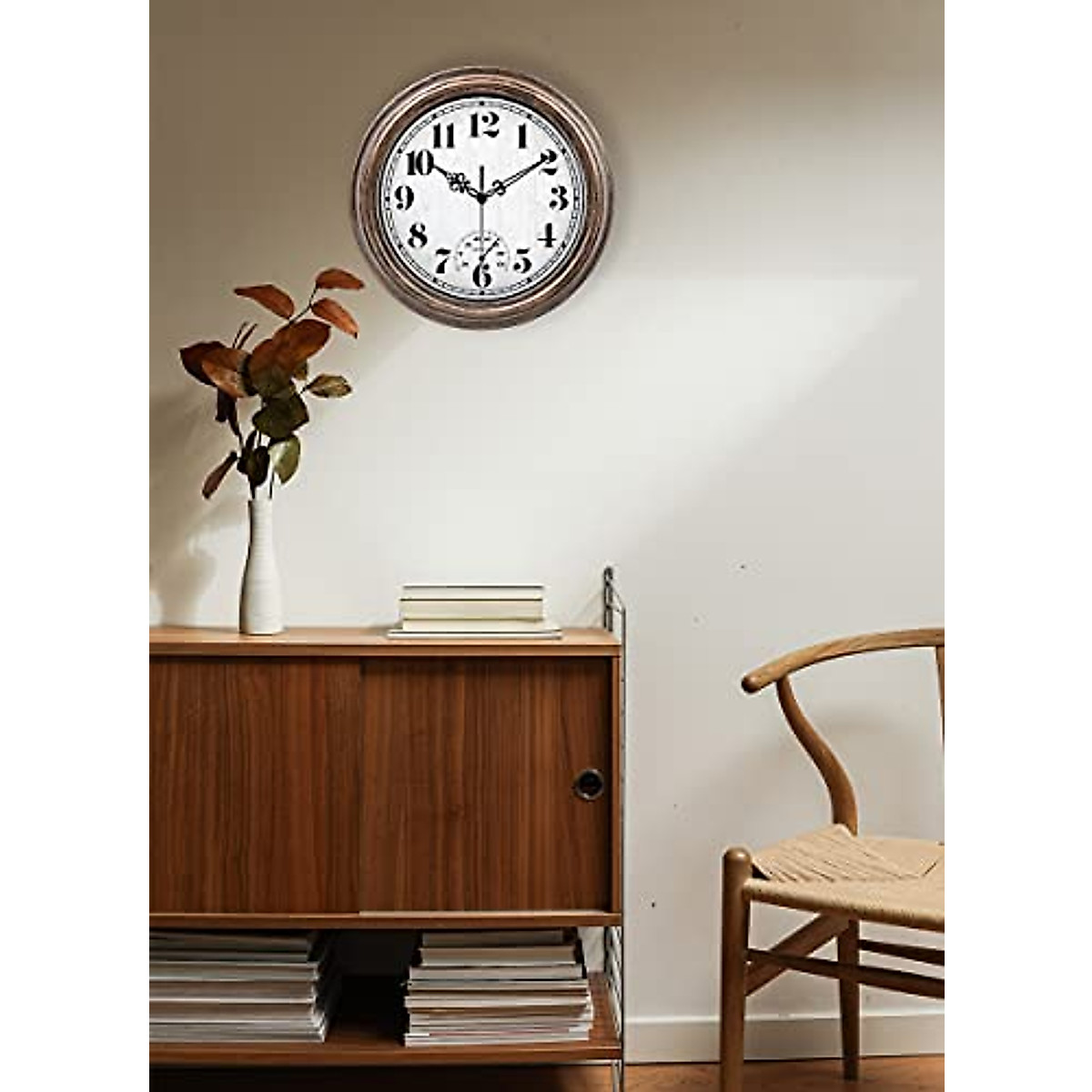 45MinST 12 Inch Indoor/Outdoor Retro Round Waterproof Wall Clock with Thermometer, Silent Non-Ticking Battery Operated Quality Quartz Wall Clock Home/Patio Decor(Bronze)