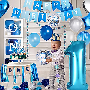 JOYYPOP 1st Birthday Decorations for Boys 78Pcs with First Birthday Balloon Boxes, First Birthday Decorations with Crown, Happy Birthday Banner, Highchair Banner for Baby 1st Birthday Party