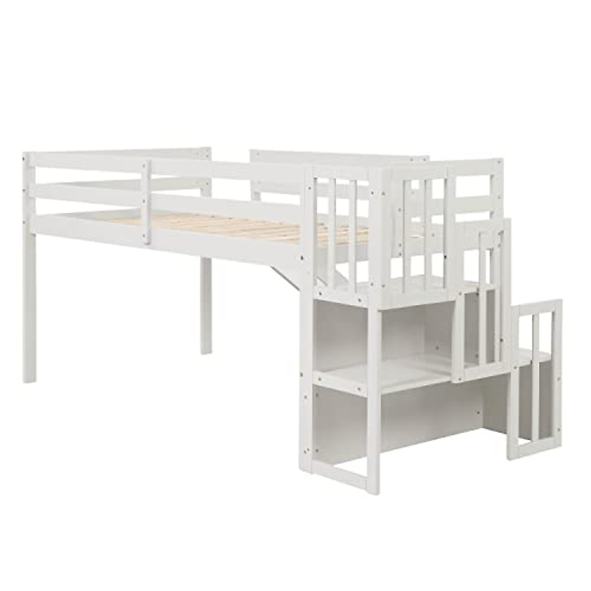 FANYE Twin Size Loft Bed with Slide and Storage Staircase, Wooden Bedframe Bedroom Furniture w/Full-Length Safety Guardrails & Shelves for Kids, Teens, Girls, Boys