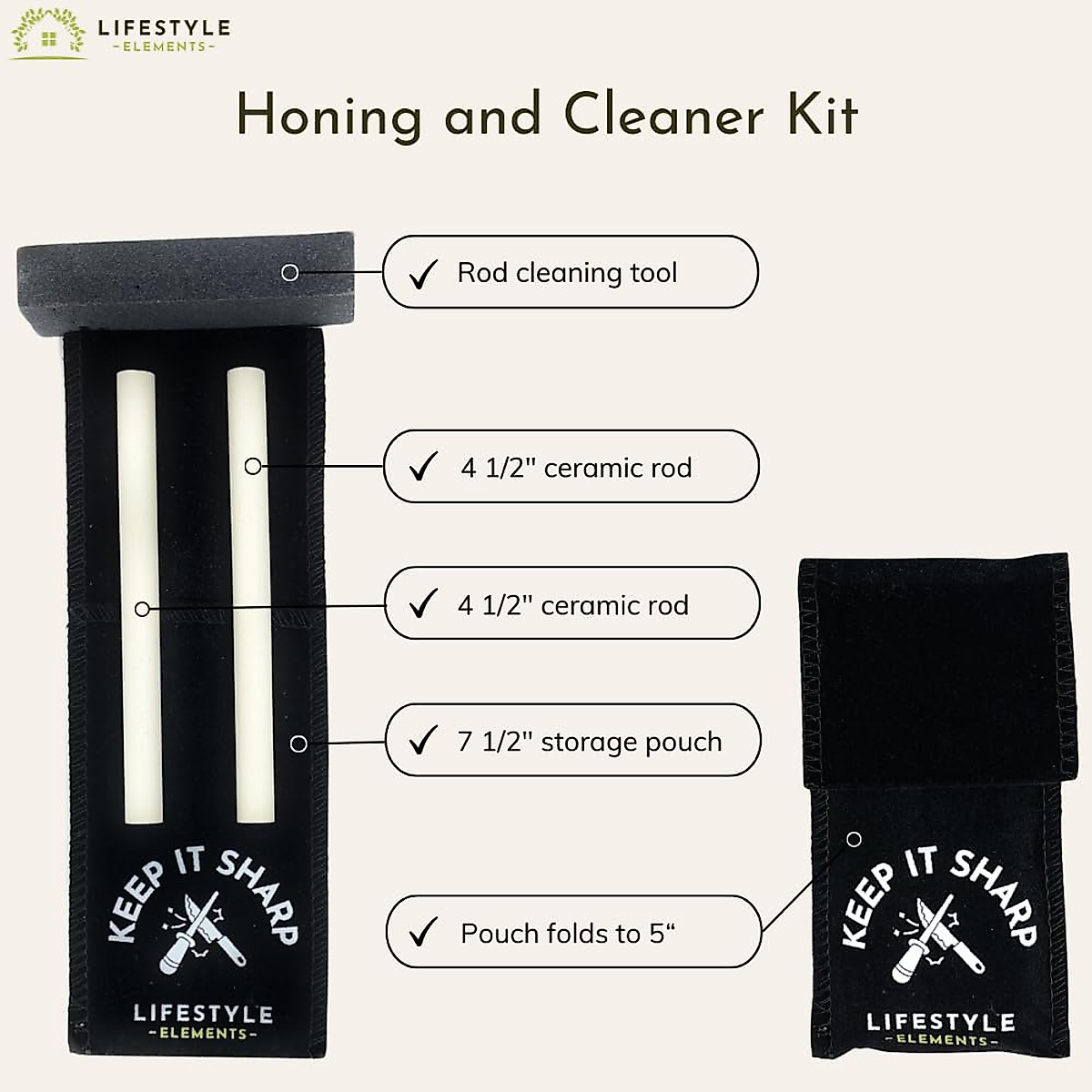 Honing Rod Knife Sharpener Bundle - Arkansas Sharpeners 4 1/2in Ceramic Rod (Pack of 2) and Super Rust Eraser Sharpening Rod Cleaner (Pack of 1) with Protective Storage Pouch by Lifestyle Elements