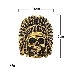 Moca Jewelry Cool Feather Dayak Indian Headdress Punk Skull 18K Gold Plated Hip Hop Stainless Steel Ring for Men Women