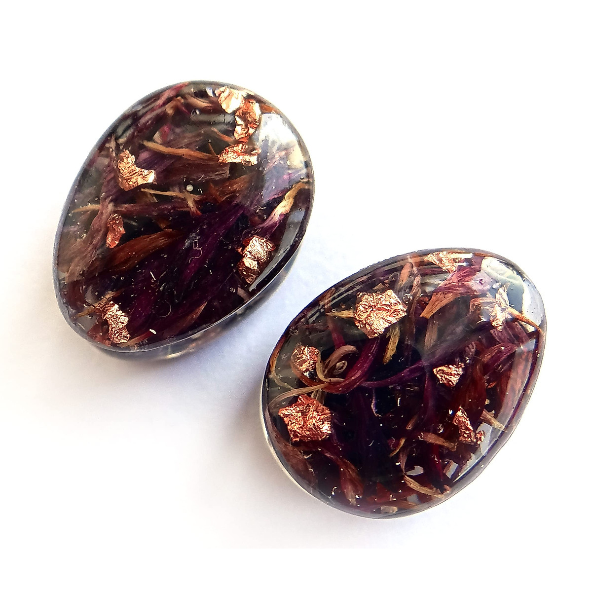 ETERNIADA Teardrop Ear gauges and Plugs Black Cornflower Plugs for Women for Men Drop Tunnels gauges with Flowers and Rose Gold Flakes (22mm / 7/8" / Pair)