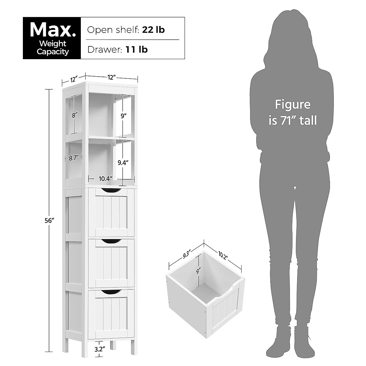 Yaheetech Bathroom Tall Cabinet, Slim Storage Cabinet, Narrow Freestanding Floor Cabinet with 3 Drawers & 2 Shelves, Linen Tower for Small Space, 12" D x 12" W x 56" H, White