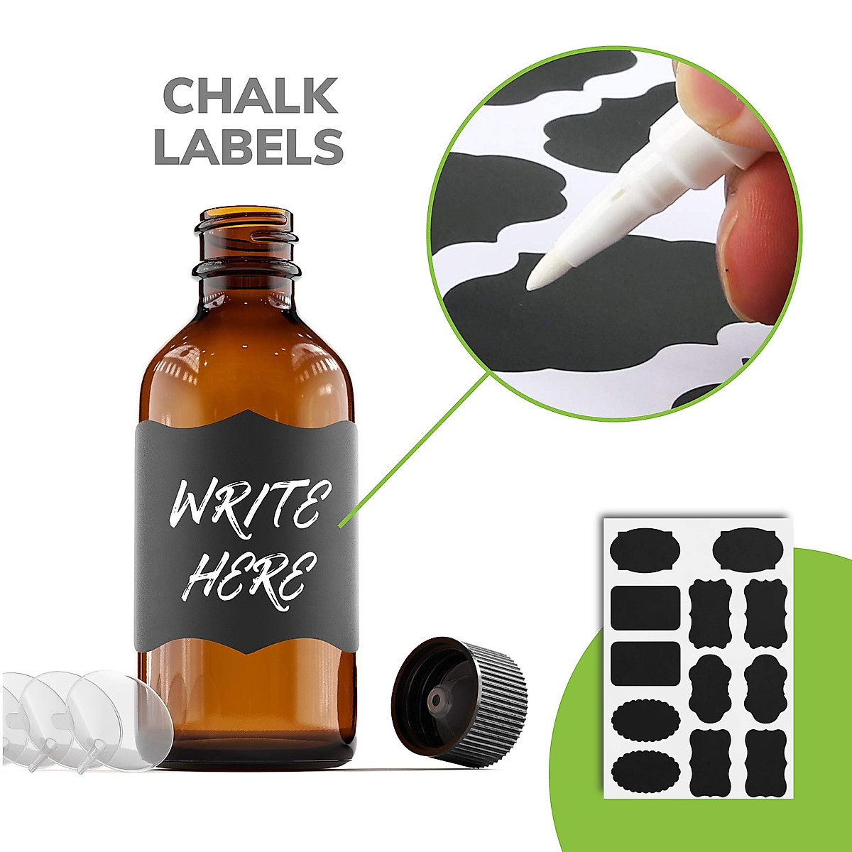 VINEVIDA 2 oz Amber Glass Bottles - 12 Pack Amber Boston Glass Bottles With Poly Cap and Accessories - Chalk Labels, Funnels - Empty Tincture Bottles for Essential Oils, Lab Chemicals, and Perfumes