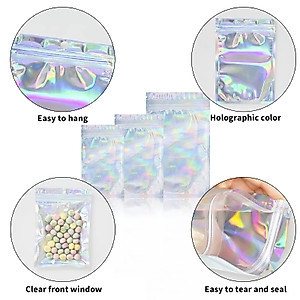 300 Packs Mylar Bags, 3 Sizes Smell Proof Bag Resealable Mylar Bags for Food Storage, Holographic Ziplock Bags with Front Window Packaging Pouch for Sample Snack Cookies Jewelry (Holographic)