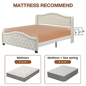 IDEALHOUSE King Size Upholstered Platform Bed Frame with Tall Headboard 47.2", King Bed with Velvet Button Tufted & Nailhead Trim Wingback Headboard, Luxurious Arched Footboard, Beige