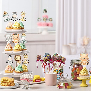 LXASIY 24Pcs Jungle Safari Animal Cupcake Toppers Happy Birthday Cake Decor for Jungle Theme Baby Shower Kids Birthday Party Wild One Cake Decorations Supplies