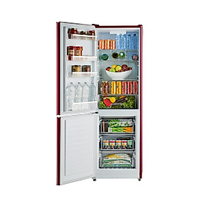 iio 24" 11 Cu Ft Bottom Freezer Retro Refrigerator, Fridge for Bedroom, Multiflow 360°, Small Mini Ice Cube Tray, 1 Fruit container, LED, Dorm Office Beverage Quiet Compressor, Wine Red (Left Hinge)