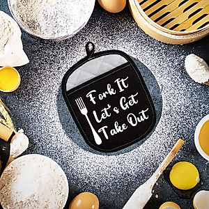 LEVLO Kitchen Lovers Gifts Fork It Let's Get Take-Out Kitchen for Potholders Funny Quote Oven Mitt Gifts (Let's Get Take-Out Kitchen)