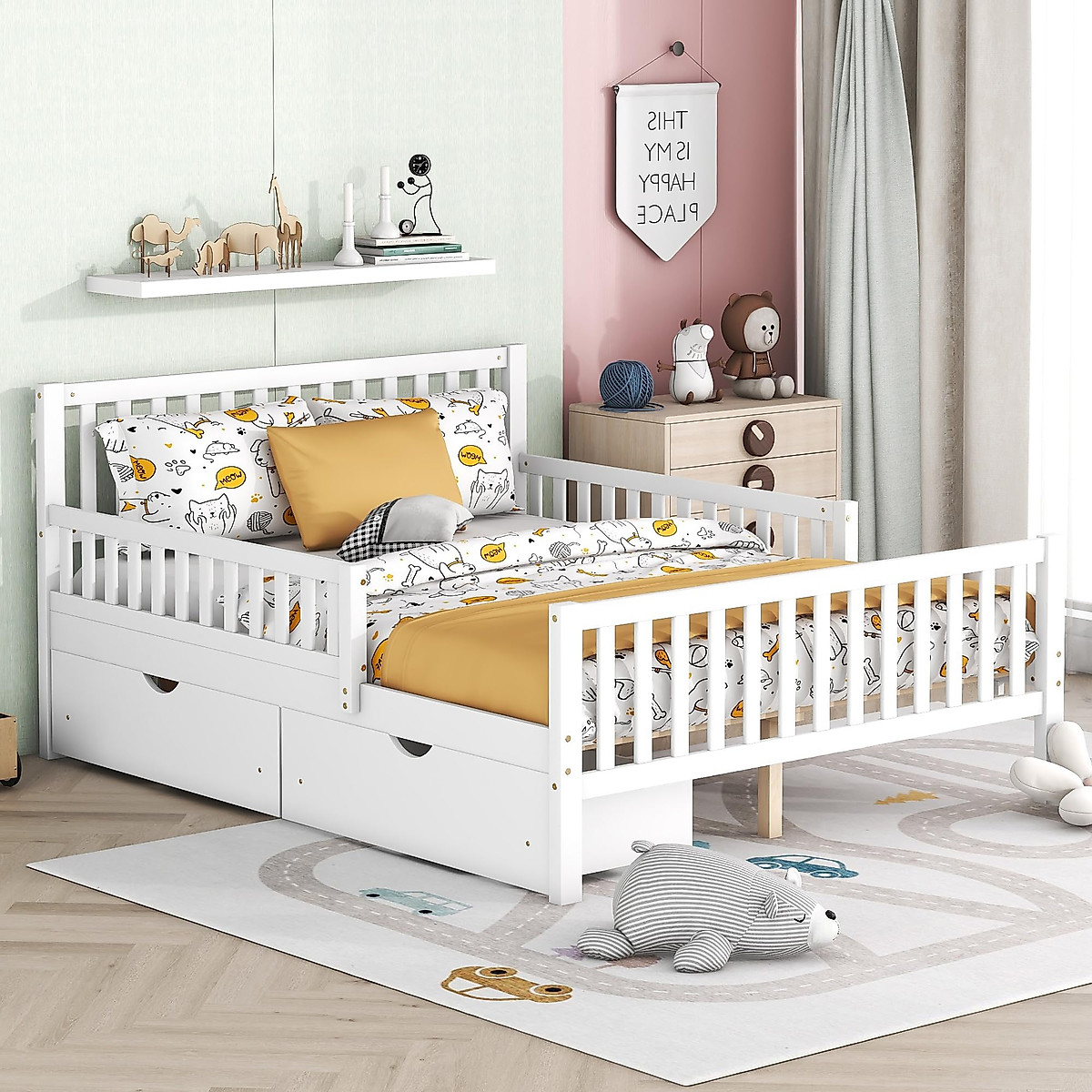 Full Bed Frame with Storage Drawers and Fence Rails, Wood Platform Beds with Headboard and Slat Support for Kids Boys Girls Teens, No Box Spring Needed, Full Size, White