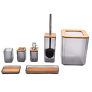 FIYO 7 Pcs Bamboo Bathroom Accessories Set, Bath Accessories Set with Soap Dish, Toothbrush Holder, Cup, Soap Dispenser, Trash Bin, Toilet Brush with Holder for Home Hotel(Grey)