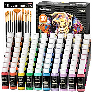 80 Colors Acrylic Paint, Shuttle Art Acrylic Paint set with 12 Paint Brushes, 2oz/60ml Bottles, Rich Pigmented, Water Proof, Premium Paints for Artists, Beginners and Kids on Canvas Rocks Wood Ceramic