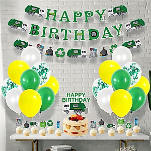 Dulousia Garbage Truck Party Supplies - Trash Truck Happy Birthday Banner, Garbage Truck Themed Balloons, Cup Cake Toppers for Waste Management Recycling Party