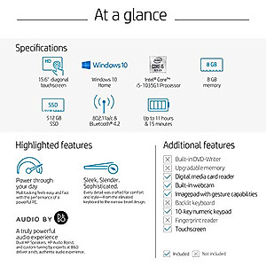 HP Pavilion 15-Inch HD Touchscreen Laptop, 10th Gen Intel Core i5-1035G1, 8 GB RAM, 512 GB Solid-State Drive, Windows 10 Home (15-cs3010nr, Mineral Silver)