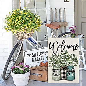 CROWNED BEAUTY Welcome Garden Flag Floral Mason Jar 12x18 Inch Double Sided for Outside Small Buffalo Plaid Burlap Yard Flag CF789-12