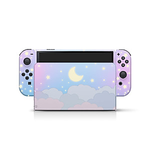 Tacky Design BlueClouds skin for Nintendo Switch OLED Skin - Vinyl 3M Stickers set - Cute Moon skin Compatible with Nintendo Switch OLED Skin Joy Con, Console, Dock - Decal Full Wrap