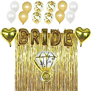 Bridal Shower Bachelorette Party Decorations Kit Gold – Set Includes 1 Fringe Curtain, 1 Set of Foil Bride Balloons, 1 Ring Balloon, 2 Heart Balloons, 4 Confetti Balloons, 4 Gold, 4 White Balloons