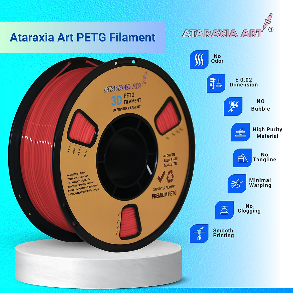 ATARAXIA ART PETG Filament 1.75mm, Black 3D Printer Filaments, 1Kg/2.2lb Tidy Winded Spools, Dimensional Accuracy +/-0.02mm, with Filament Storage Vacuum Bags, Fit FDM 3D Printers, PETG Black 1.75mm