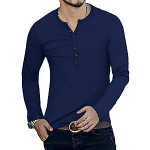 YTD Mens Casual Slim Fit Basic Henley Long Sleeve Fashion T-Shirt S Navy