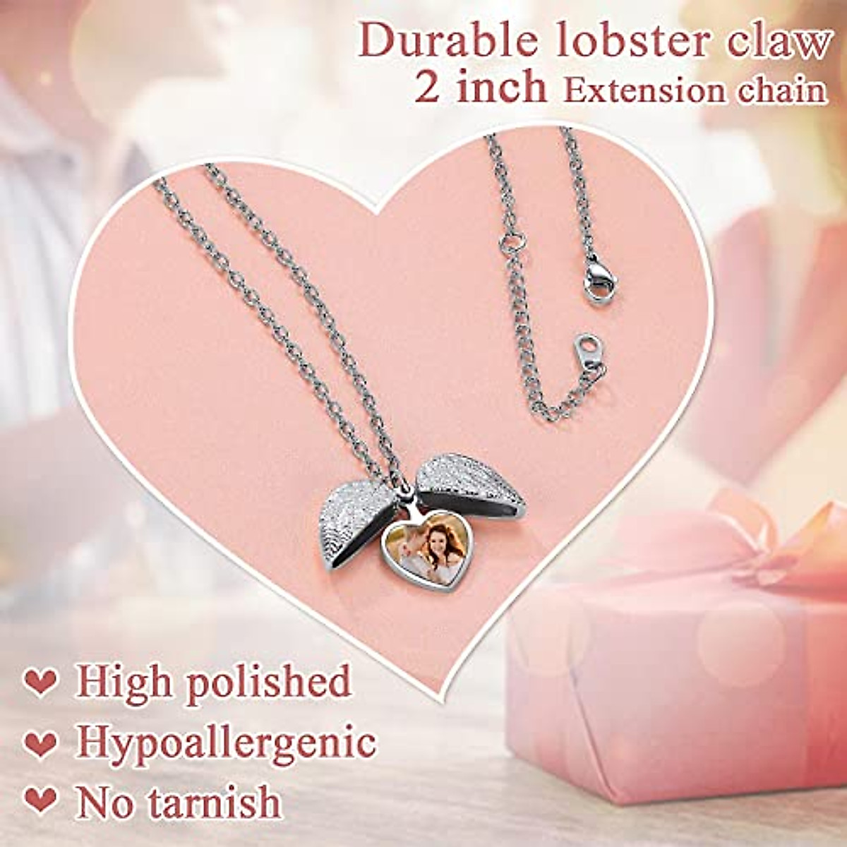 FindChic Personalized Heart Locket Necklace Angel Wings Pendant with Photo Printing Platinum Plated Dainty Custom Full Color Picture Memorial Jewelry for Women Mom Loss of Father Gift