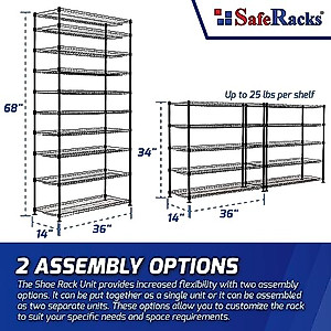 SafeRacks 10-Tier Shoe Rack - Black, Large Shoe Storage Organizer, 60 Pair, Heavy Duty Shoe Stand with Vertical Free Standing Shoe Shelf, Perfect for Entryway, Closet, Garage, & Bedroom Storage