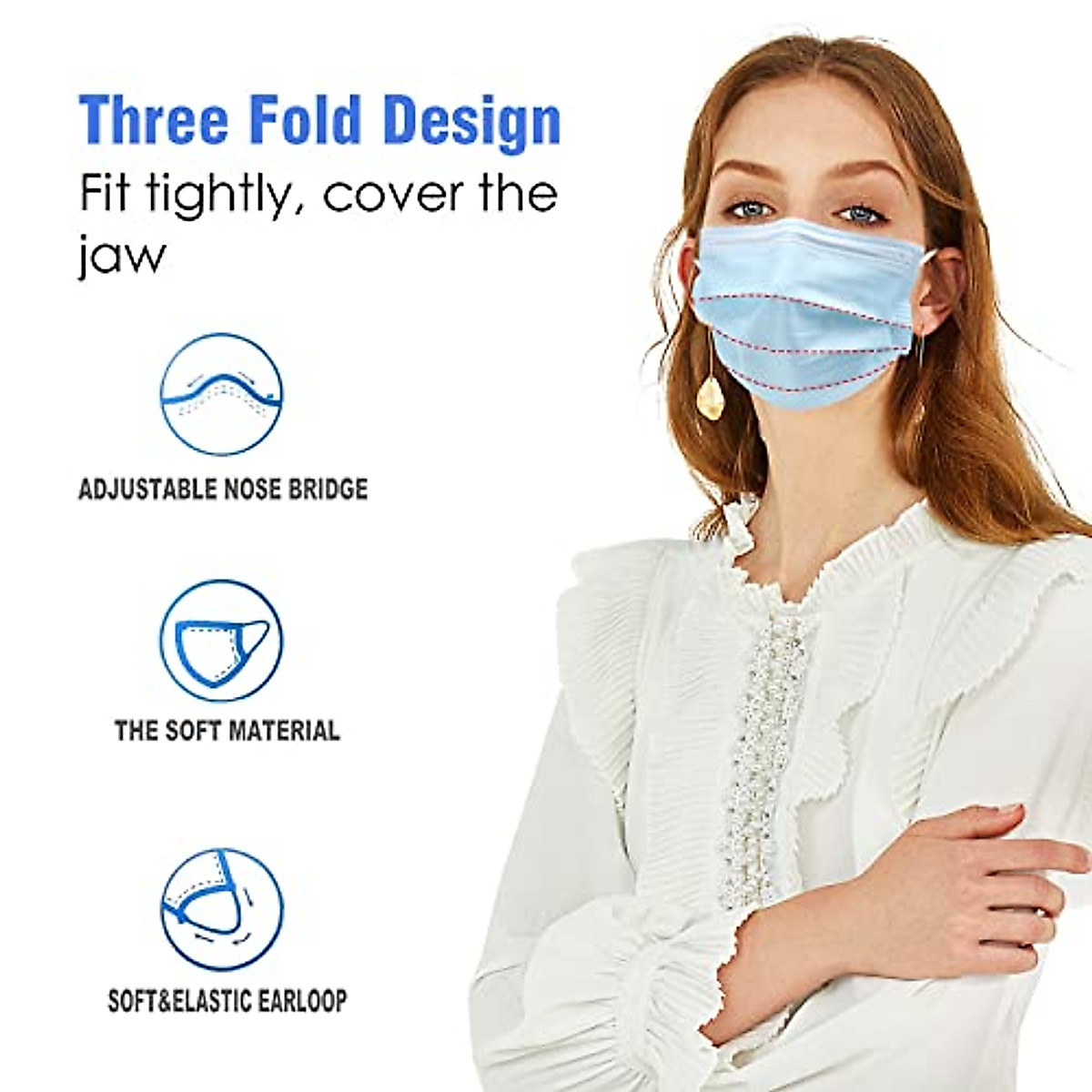 CYCN Blue Disposable Face Masks 60 Pack, 3 Ply Non-woven Disposable Masks with Elastic Earloop, Face Mask Disposable for adults for Daily Use, School, Home