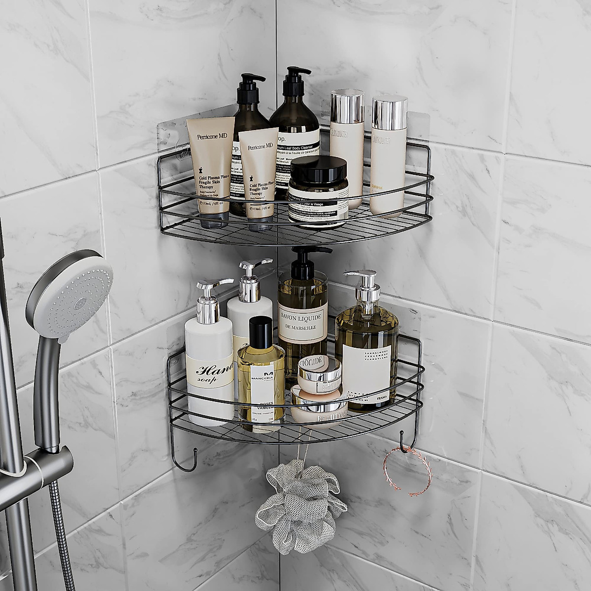 Corner Shower Shelves with 4 Hooks, 2-Tier Stainless Steel Bathroom Shower Organizers, Wall Mounted Caddy Shelves No Drilling with Adhesive, Triangle Storage Shelf for Toilet, Dorm and Kitchen, Black