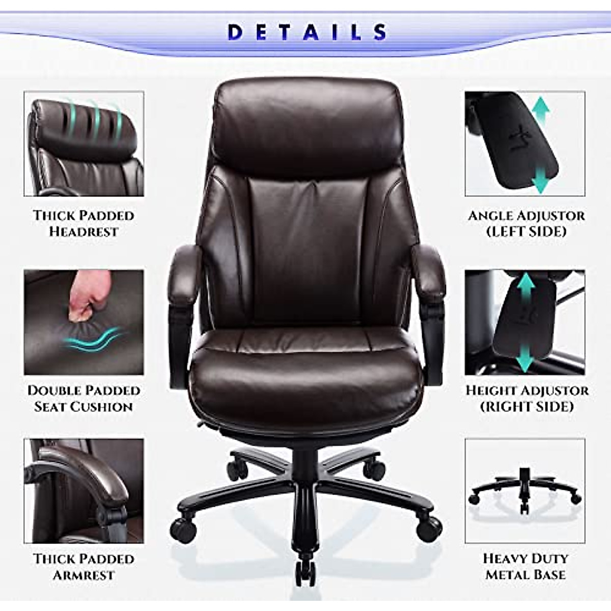 COLAMY Office Chair Big and Tall 400LBS-Thick Bonded Leather for Lumbar Support and Comfort, Hidden Footrest for Adult Work, Gaming, Study, Relax (Brown)