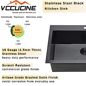 VCCUCINE Black Drop in Kitchen Sink, 33 x 22 Inch Modern Square Single Bowl Stainless Steel Basin Topmount Kitchen Sink, 16 Gauge Metal Laundry Sink with Strainer